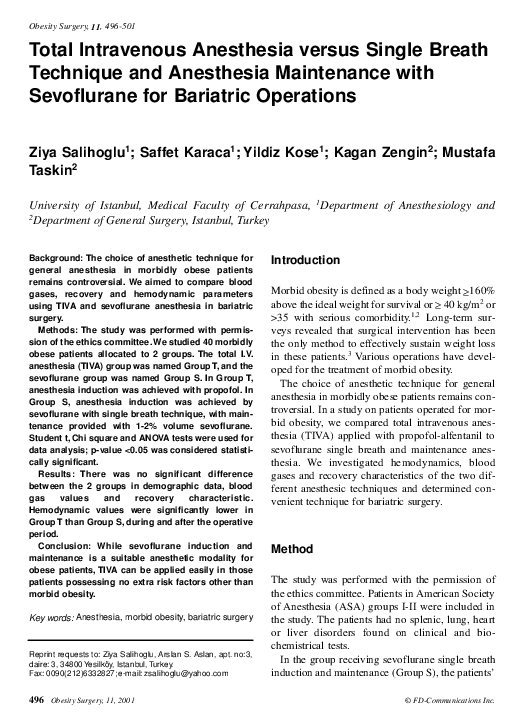 (PDF) Total Intravenous Anesthesia versus Single Breath Technique and ...
