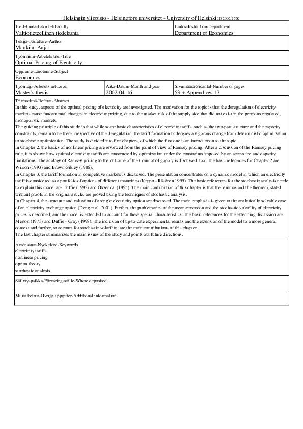 Pdf Optimal Pricing Of Electricity
