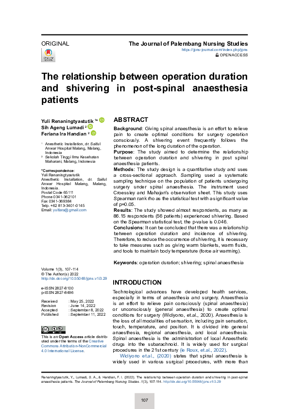 (PDF) Operation Duration and Shivering Post-Spinal Anaesthesia