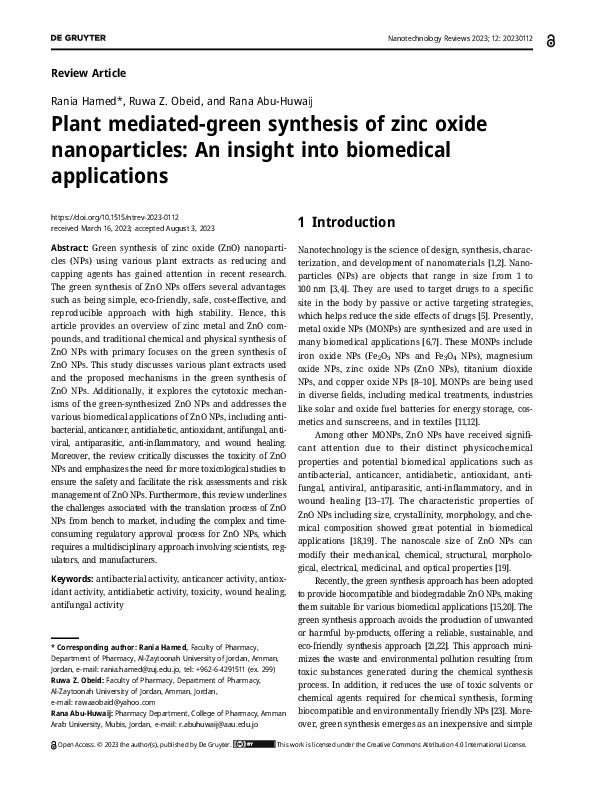 (PDF) Plant mediated-green synthesis of zinc oxide nanoparticles: An insight into biomedical ...