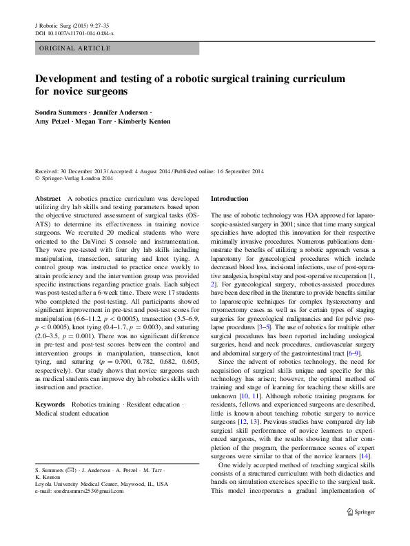 (PDF) Development and testing of a robotic surgical training curriculum ...