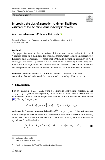 (PDF) Improving the bias of a pseudo-maximum likelihood estimate of the extreme value index by k ...