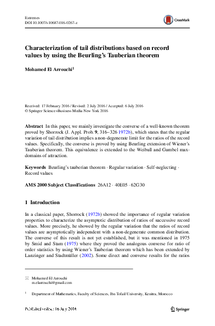 (PDF) Characterization of tail distributions based on record values by using the Beurling’s ...