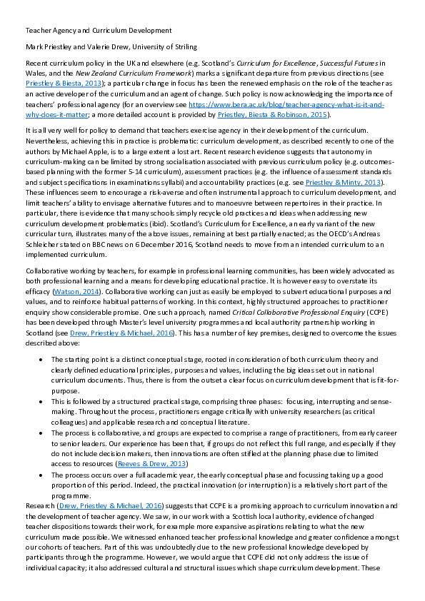 (PDF) Teacher Agency and Curriculum Development
