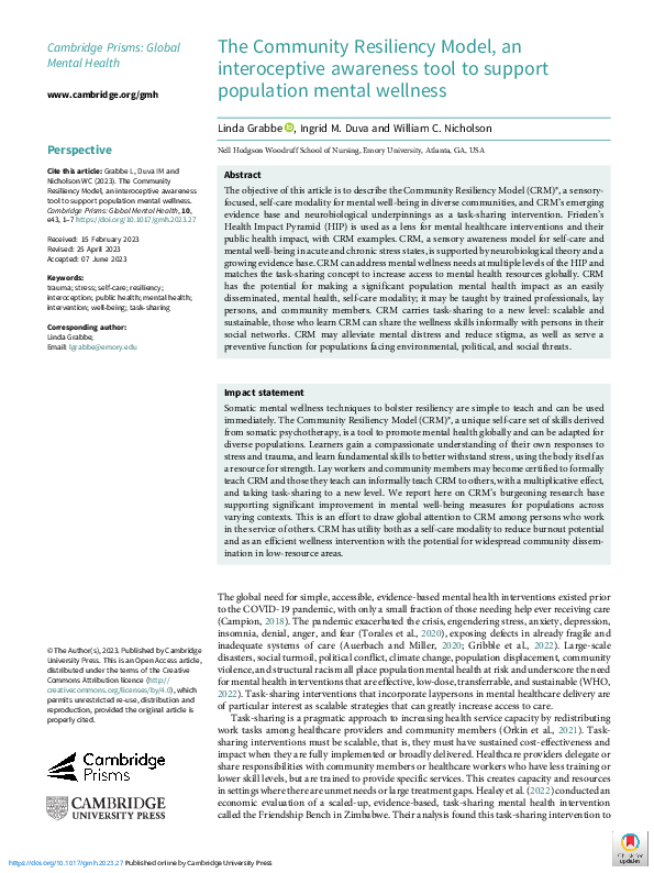 (PDF) The Community Resiliency Model (CRM), a Task-Sharing Interoceptive Awareness Tool to ...