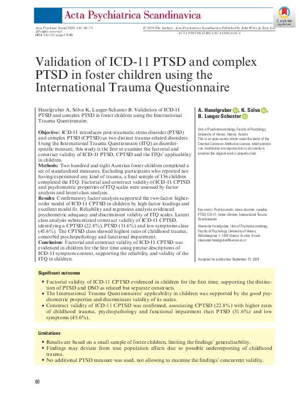 (PDF) Validation of ICD ‐11 PTSD and complex PTSD in foster children ...