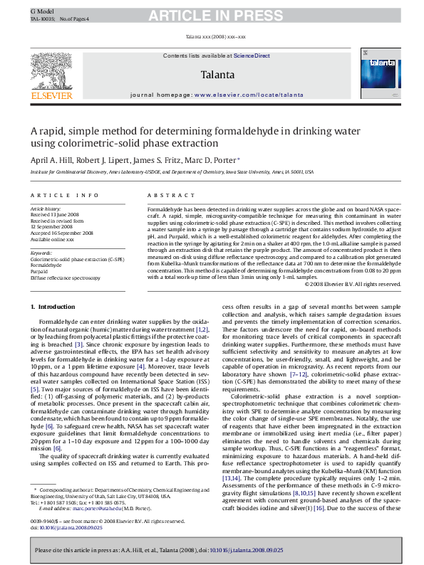 (PDF) A rapid, simple method for determining formaldehyde in drinking ...