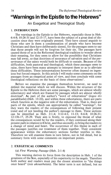 (PDF) Warnings in the Epistle to the Hebrews. An Exegetical and ...