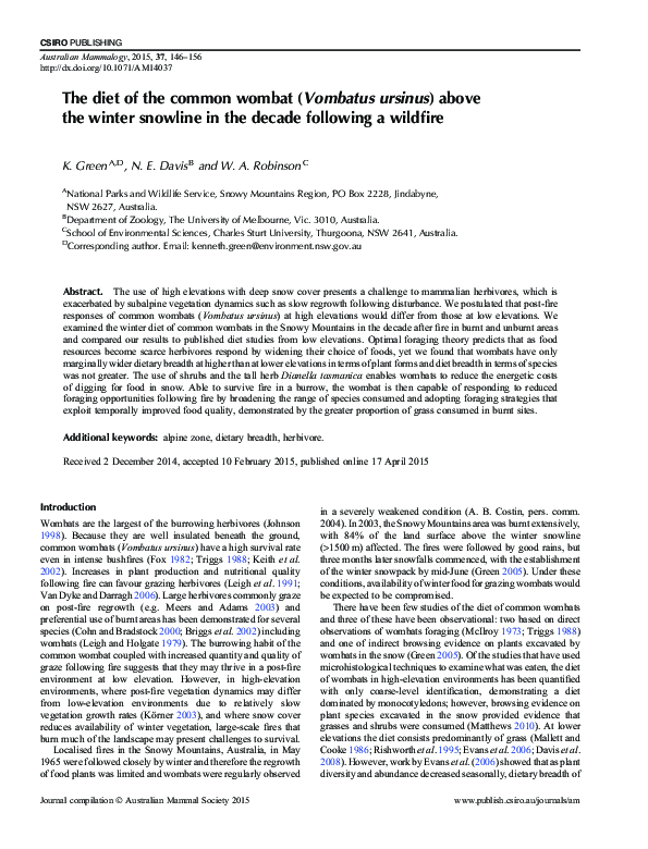 (PDF) The diet of the common wombat (Vombatus ursinus) above the winter ...