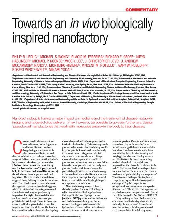 (PDF) Towards an in vivo biologically inspired nanofactory