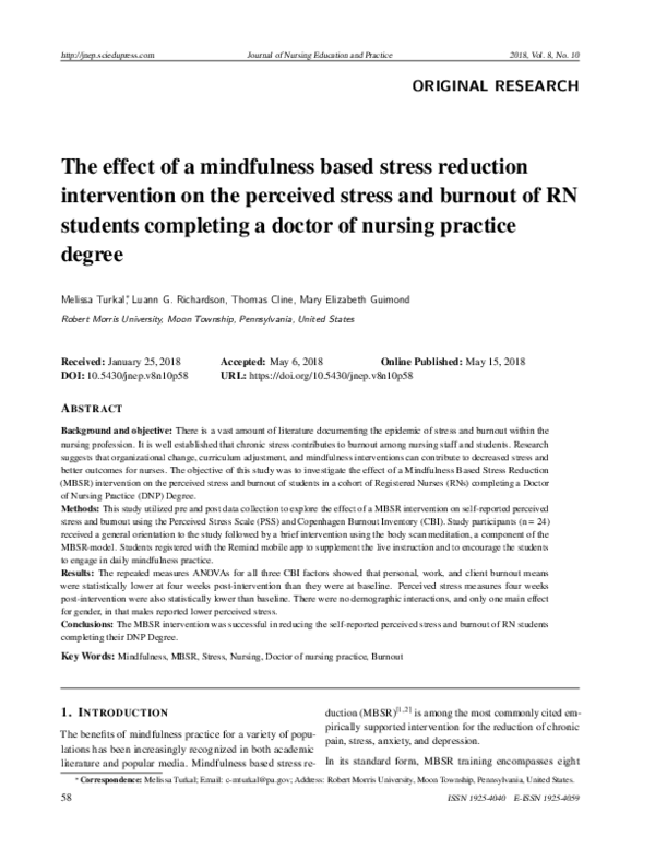 (PDF) The effect of a mindfulness based stress reduction intervention ...