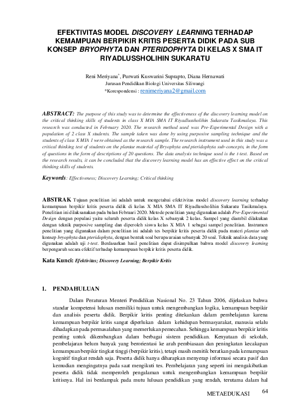 (PDF) Efektivitas Model Discovery Learning Terhadap Kemampuan Berpikir Kritis Peserta Didik Pada ...