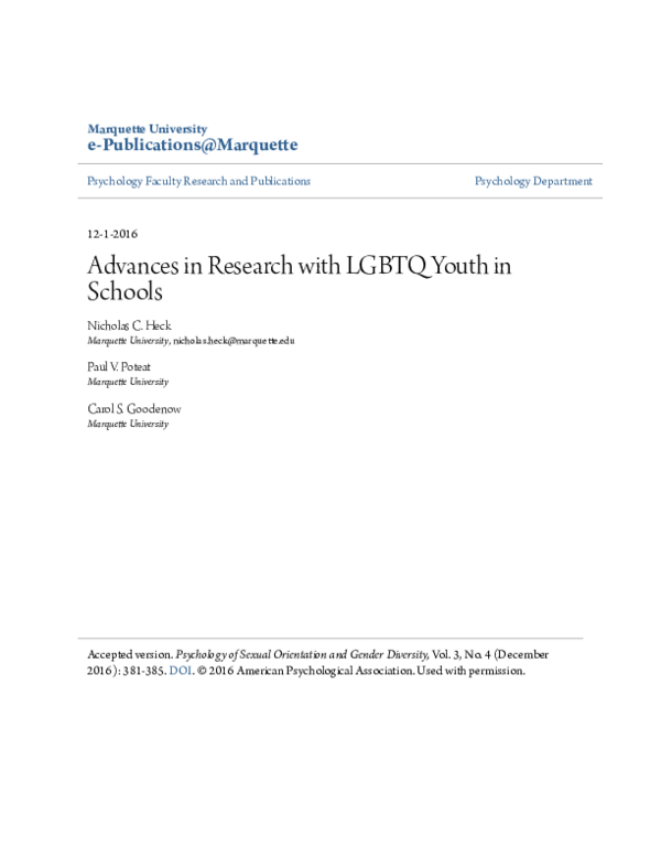 (PDF) Advances in research with LGBTQ youth in schools