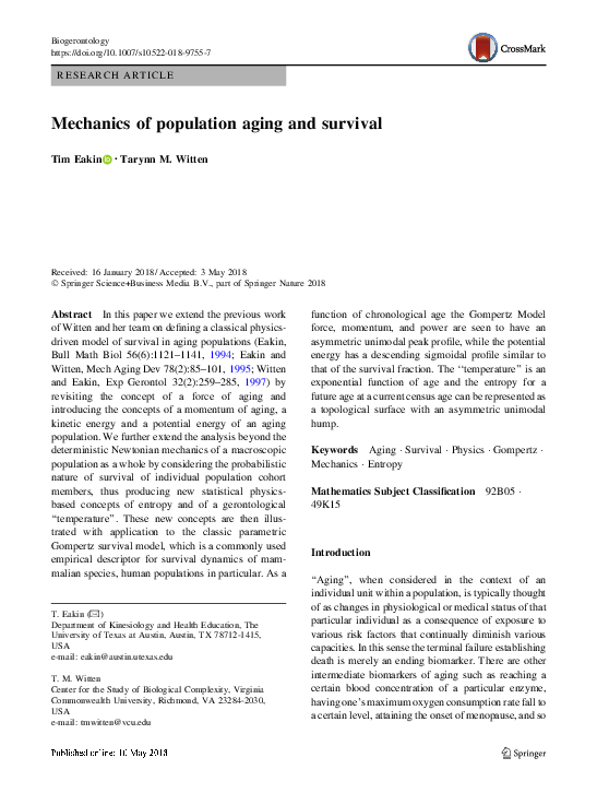 (PDF) Mechanics of population aging and survival | Tarynn M Witten - Academia.edu