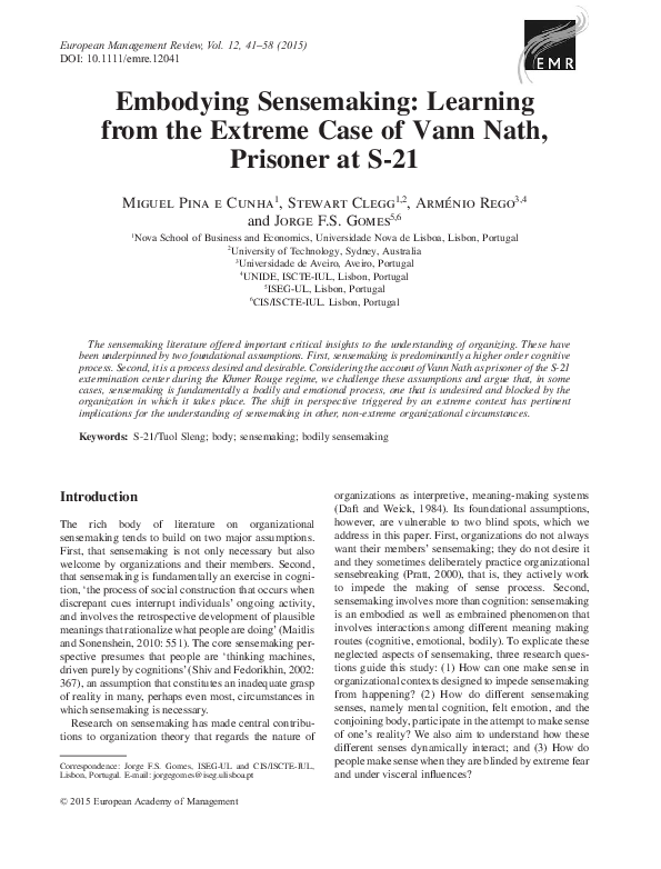 (PDF) Embodying Sensemaking: Learning from the Extreme Case of Vann Nath, Prisoner at S-21