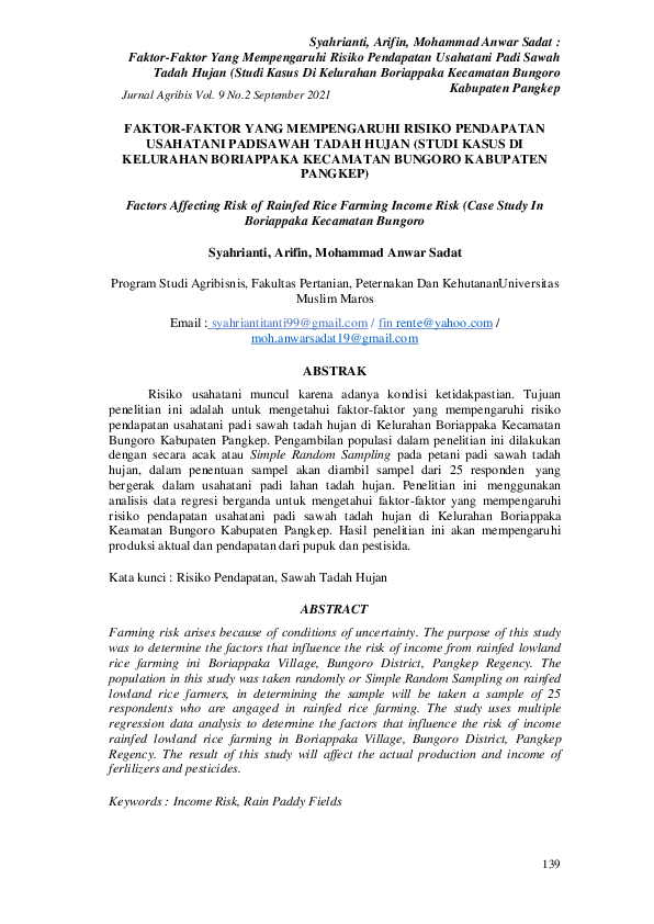 (PDF) 03 Faktor-Faktor Yang Mempengaruhi Risiko Pendapatan Usahatani Padi Sawah Tadah Hujan ...