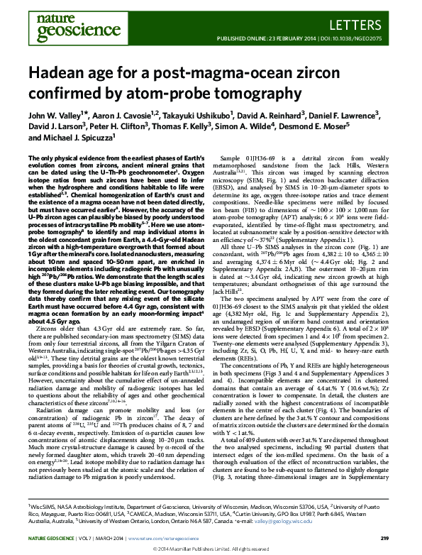 (PDF) Hadean age for a post-magma-ocean zircon confirmed by atom-probe ...