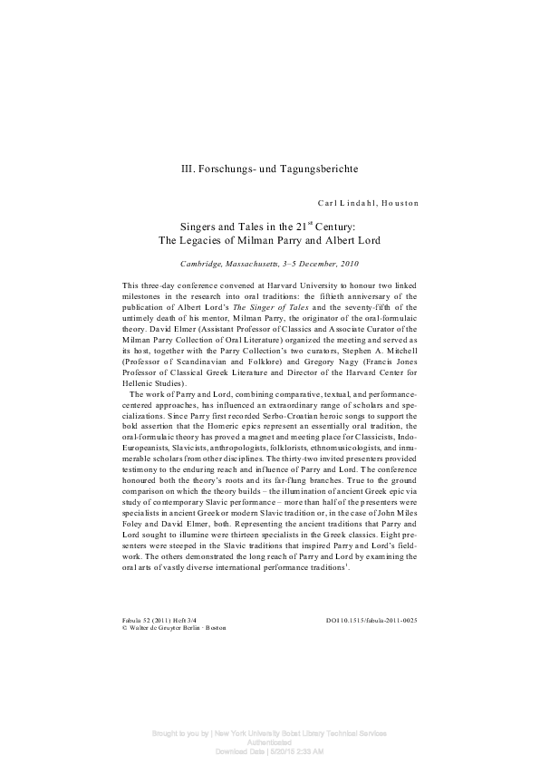 (PDF) Singers and Tales in the 21st Century: The Legacies of Milman ...