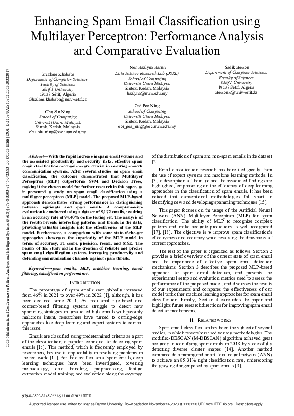 (PDF) Enhancing Spam Email Classification using Multilayer Perceptron: Performance Analysis and ...