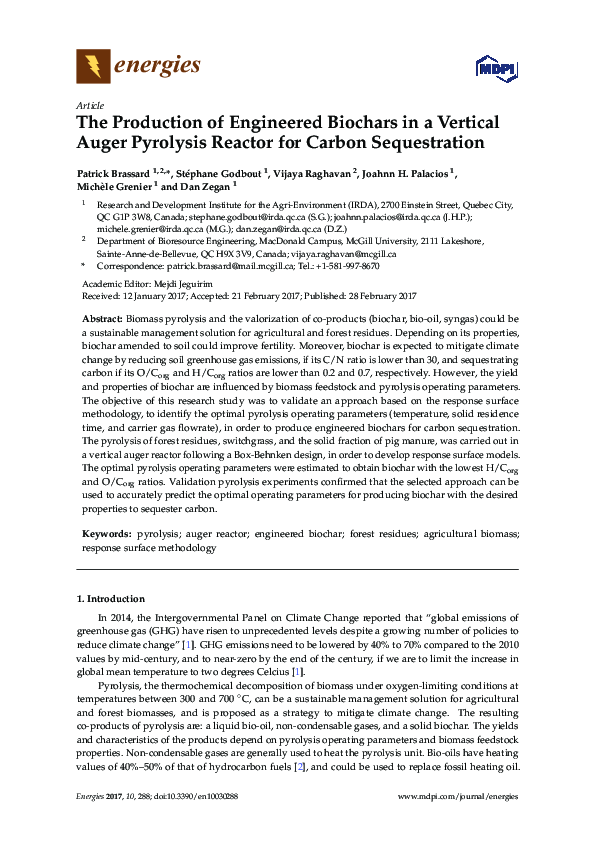 (PDF) The Production of Engineered Biochars in a Vertical Auger ...