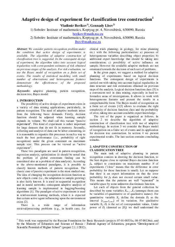 (PDF) Adaptive design of experiment for classification tree construction