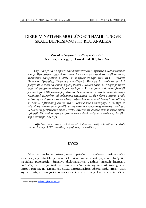 (PDF) Discriminant possibilities of the Hamilton depression scale: ROC ...