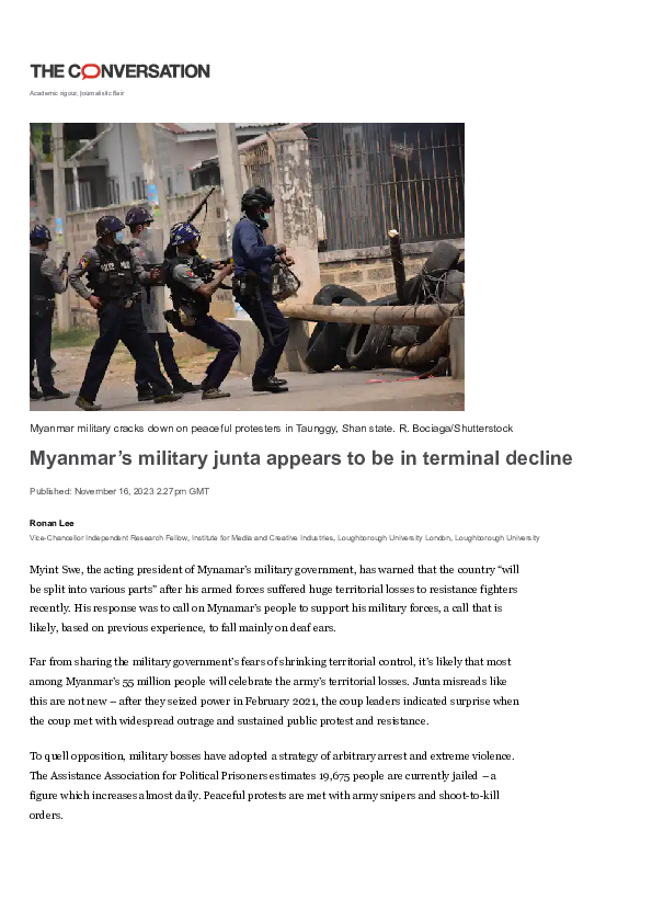 (PDF) RONAN LEE 2023 Myanmar’s military junta appears to be in terminal decline THE CONVERSATION