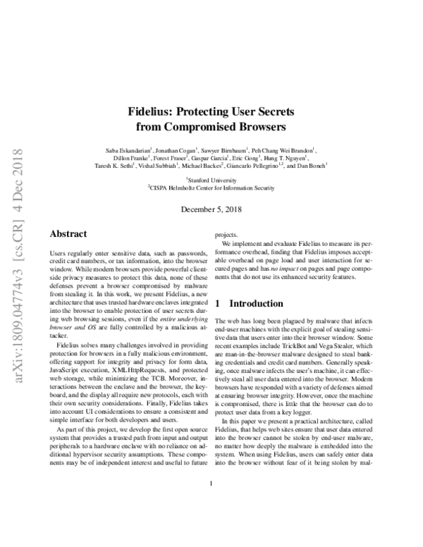 (PDF) Fidelius: Protecting User Secrets from Compromised Browsers | Eric Gong - Academia.edu