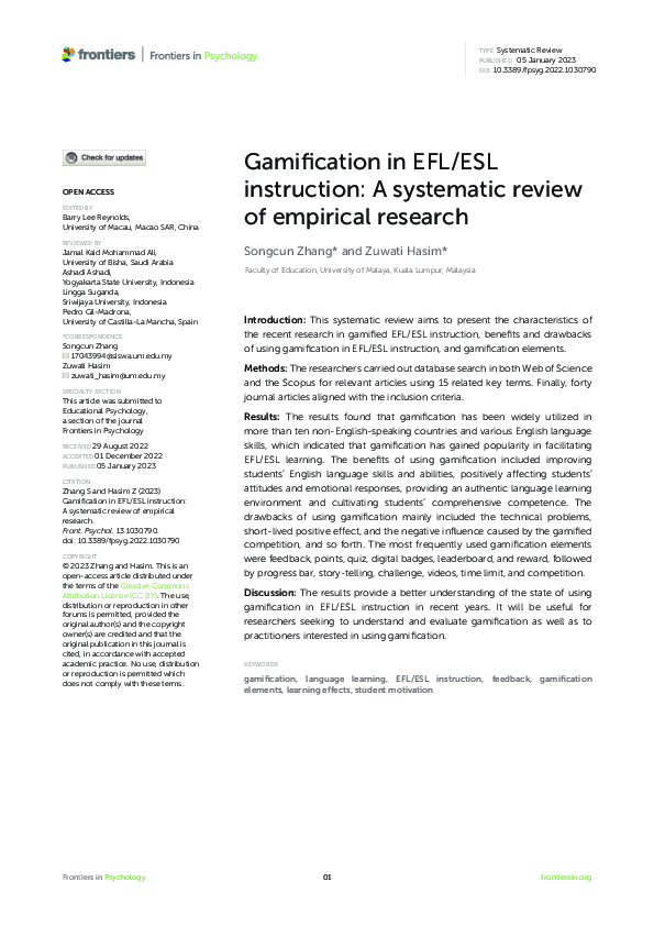 (PDF) Gamification in EFL/ESL instruction: A systematic review of ...
