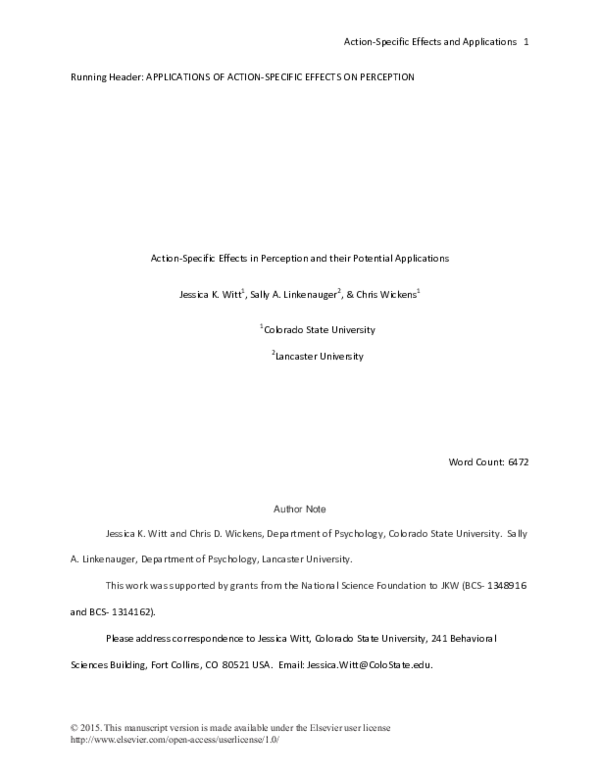 (PDF) Action-specific effects in perception and their potential applications