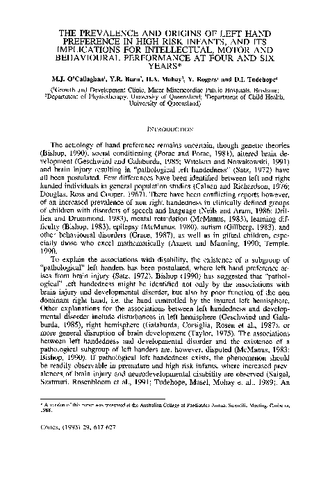(PDF) The Prevalence and Origins of Left Hand Preference in High Risk ...