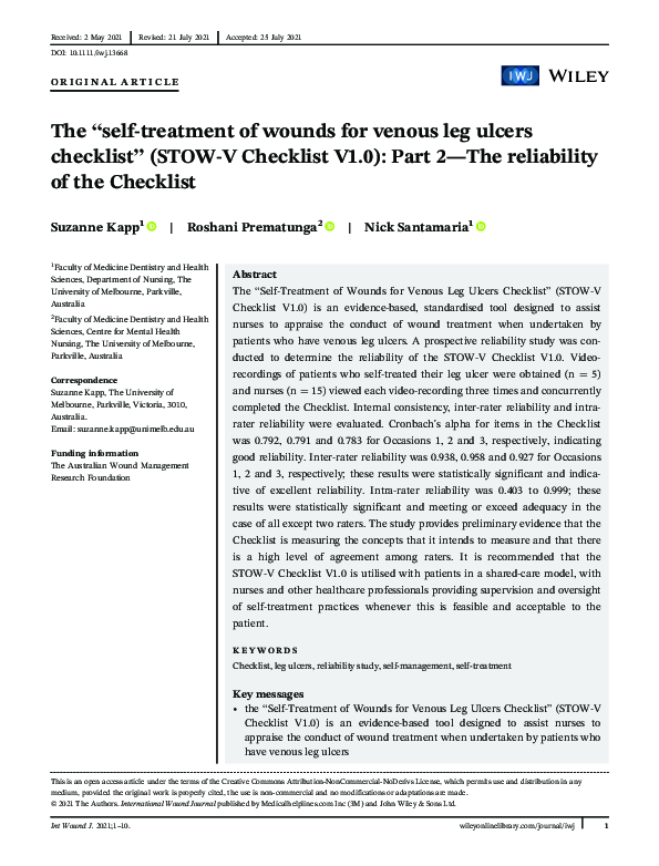 (PDF) The “ self‐treatment of wounds for venous leg ulcers checklist” (STOW‐V Checklist V1.0 ...