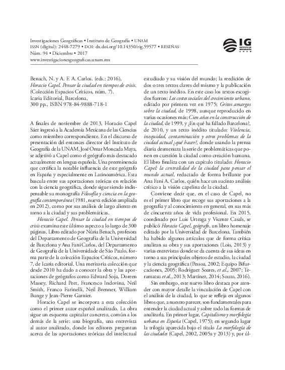 (PDF) Benach, N. y A. F. A. Carlos. (eds.: 2016), Horacio Capel. Pensar ...