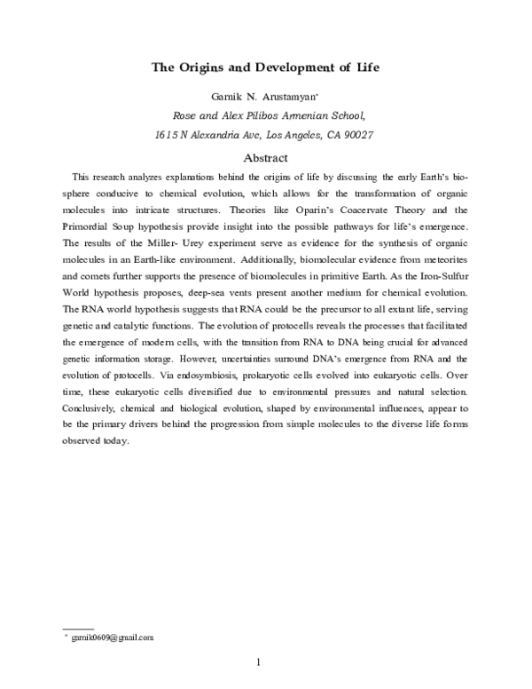 (DOC) The Origins and Development of Life