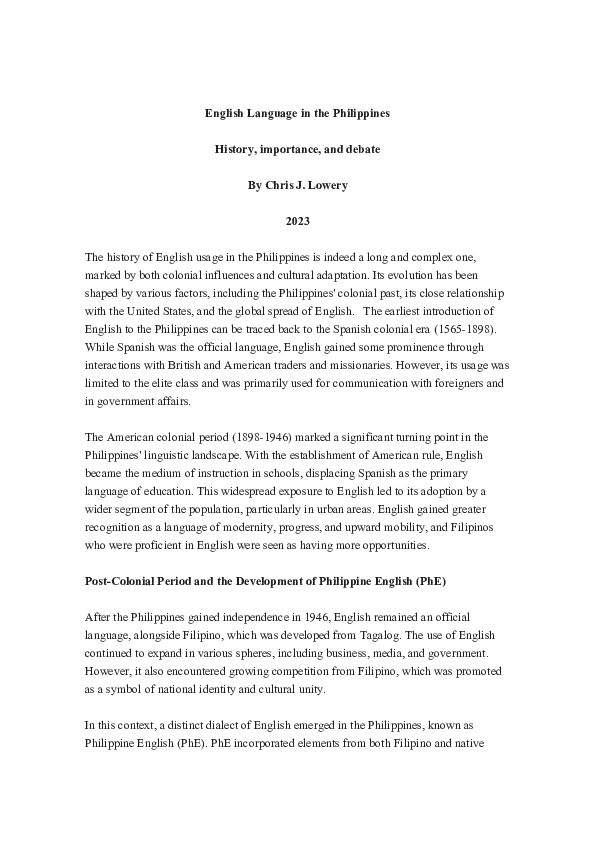 (DOC) English Language in the Philippines History, importance, and debate
