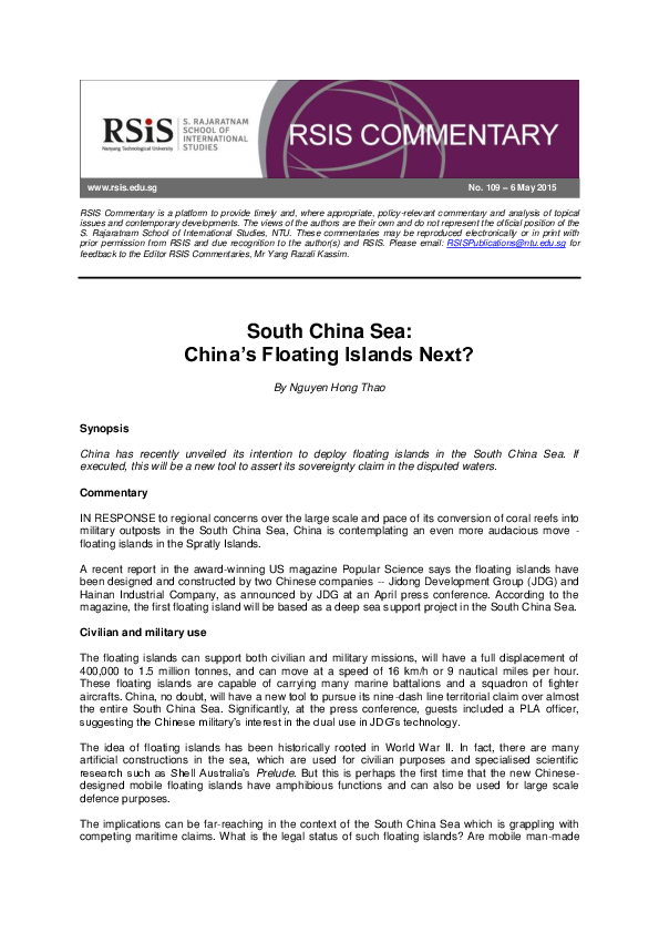 (PDF) South China Sea: China’s Floating Islands Next?