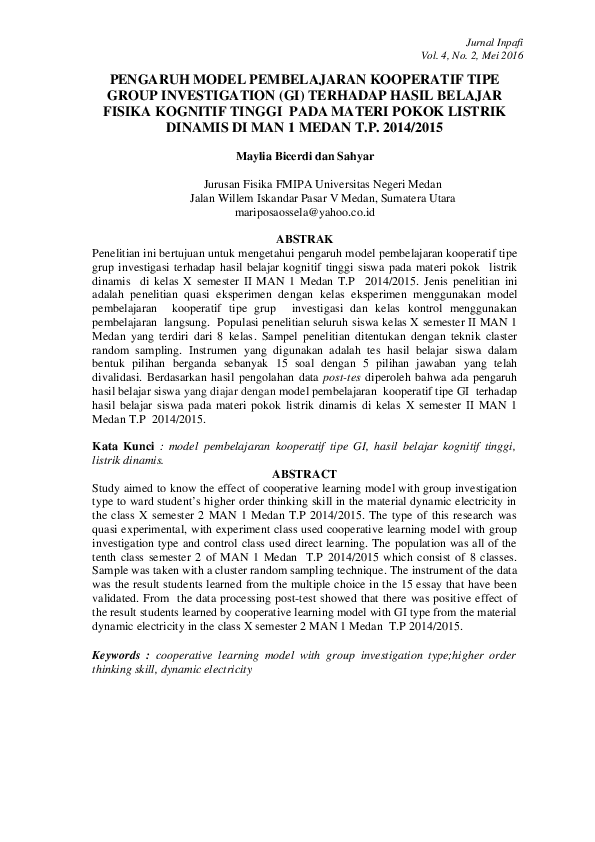 (PDF) Pengaruh Model Pembelajaran Kooperatif Tipe Group Investigation (Gi) Terhadap Hasil ...