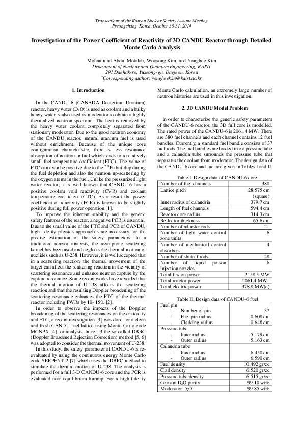 Pdf Investigation Of The Power Coefficient Of Reactivity Of 3d Candu Reactor Through Detailed