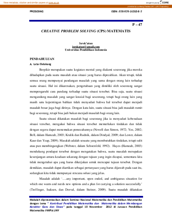 (PDF) Creative Problem Solving (CPS) Matematis
