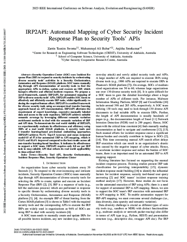 (PDF) IRP2API: Automated Mapping of Cyber Security Incident Response Plan to Security Tools' APIs