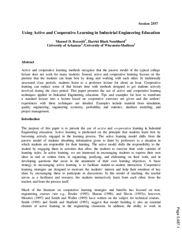 (PDF) Using Active And Cooperative Learning In Industrial Engineering Education | Manuel ...