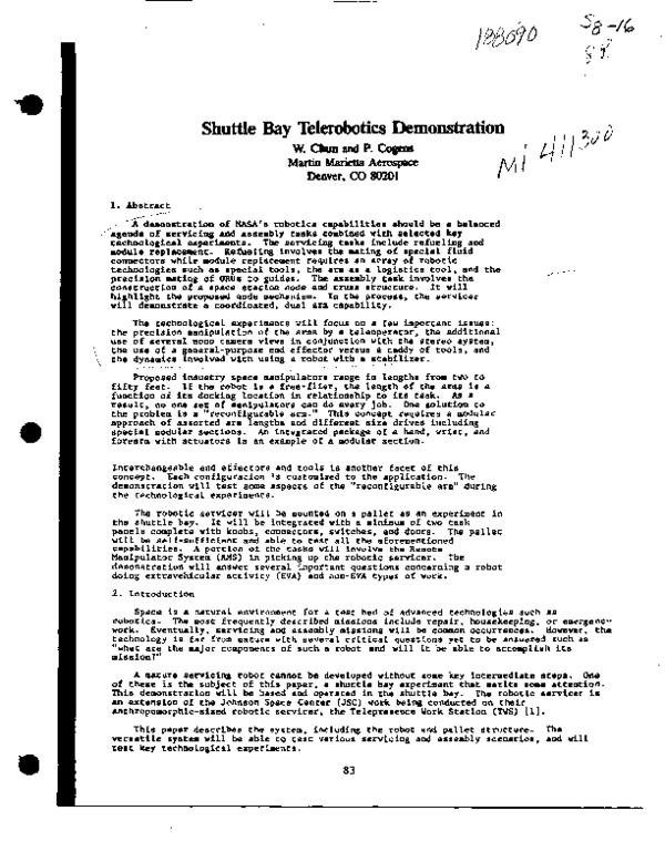 (PDF) Shuttle bay telerobotics demonstration