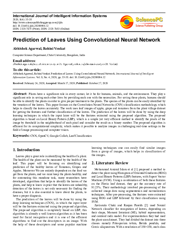 (PDF) Prediction of Leaves Using Convolutional Neural Network