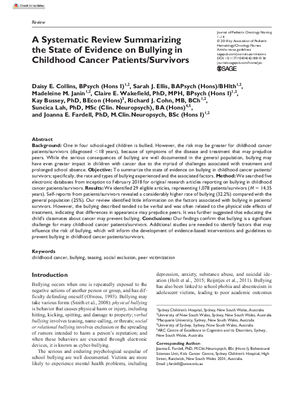 (PDF) A Systematic Review Summarizing the State of Evidence on Bullying in Childhood Cancer ...