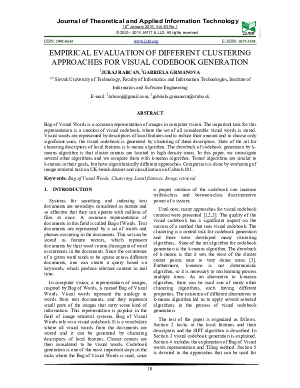 Pdf Empirical Evaluation Of Different Clustering Approaches For Visual Codebook Generation 