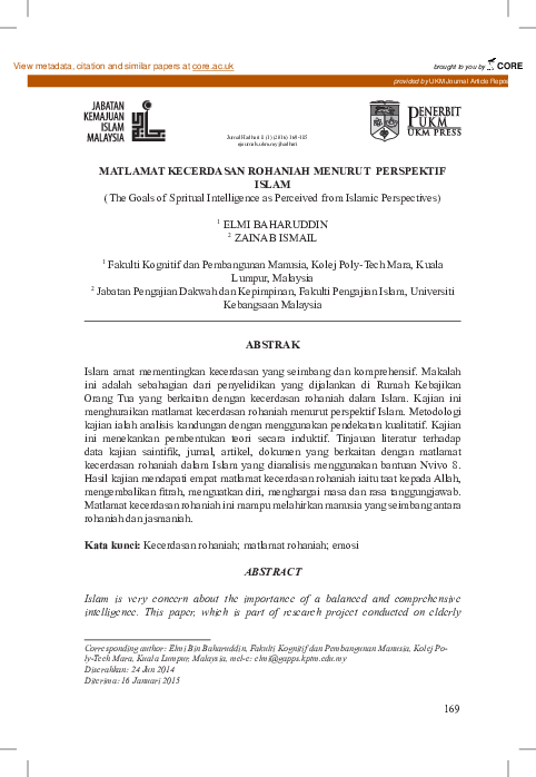 (PDF) Matlamat kecerdasan rohaniah menurut perspektifIslam | elmi ...
