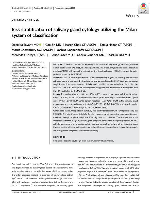 (PDF) Risk stratification of salivary gland cytology utilizing the ...