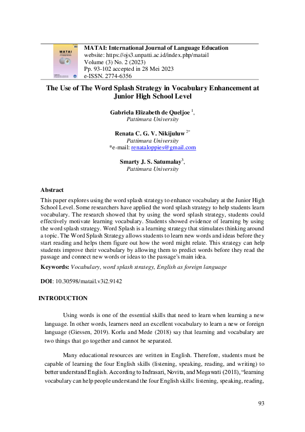 (PDF) The Use of The Word Splash Strategy in Vocabulary Enhancement at ...
