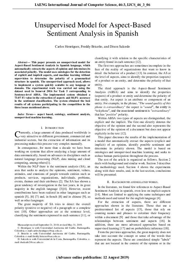 Pdf Unsupervised Model For Aspect Based Sentiment Analysis In Spanish Albeiro Cortés Cabezas