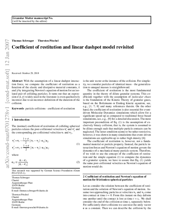 (PDF) Coefficient of restitution and linear–dashpot model revisited ...